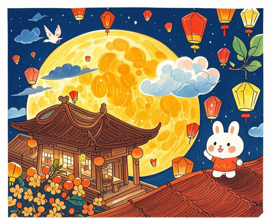 中秋节主题绘画精选，每幅作品都围绕节日传统与现代元素（附素材）